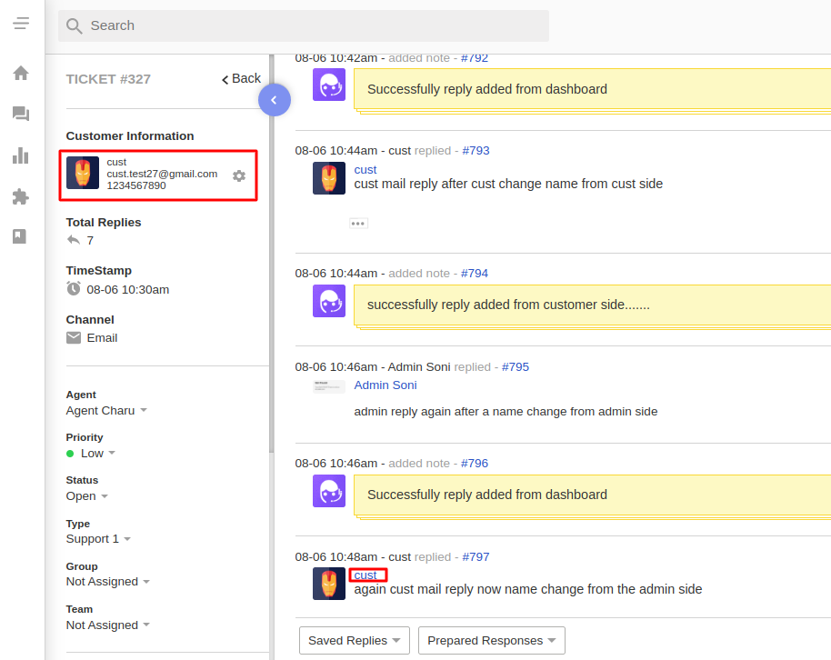 Customer name edit from admin side on ticket view page, if we leave space in starting customer ...