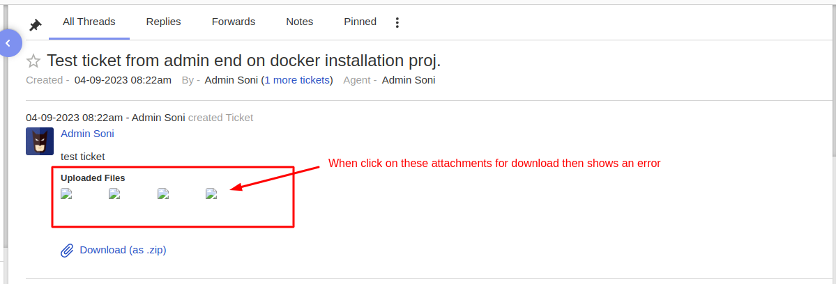 When we create a project on docker with port no. then attachments shows a broken with error in ...