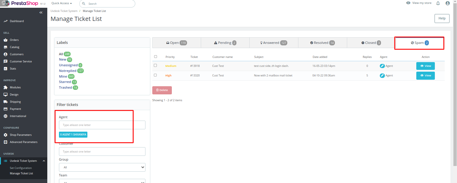 On admin prestashop helpdesk: When using ticket filter so here clicks on another tab so filters ...