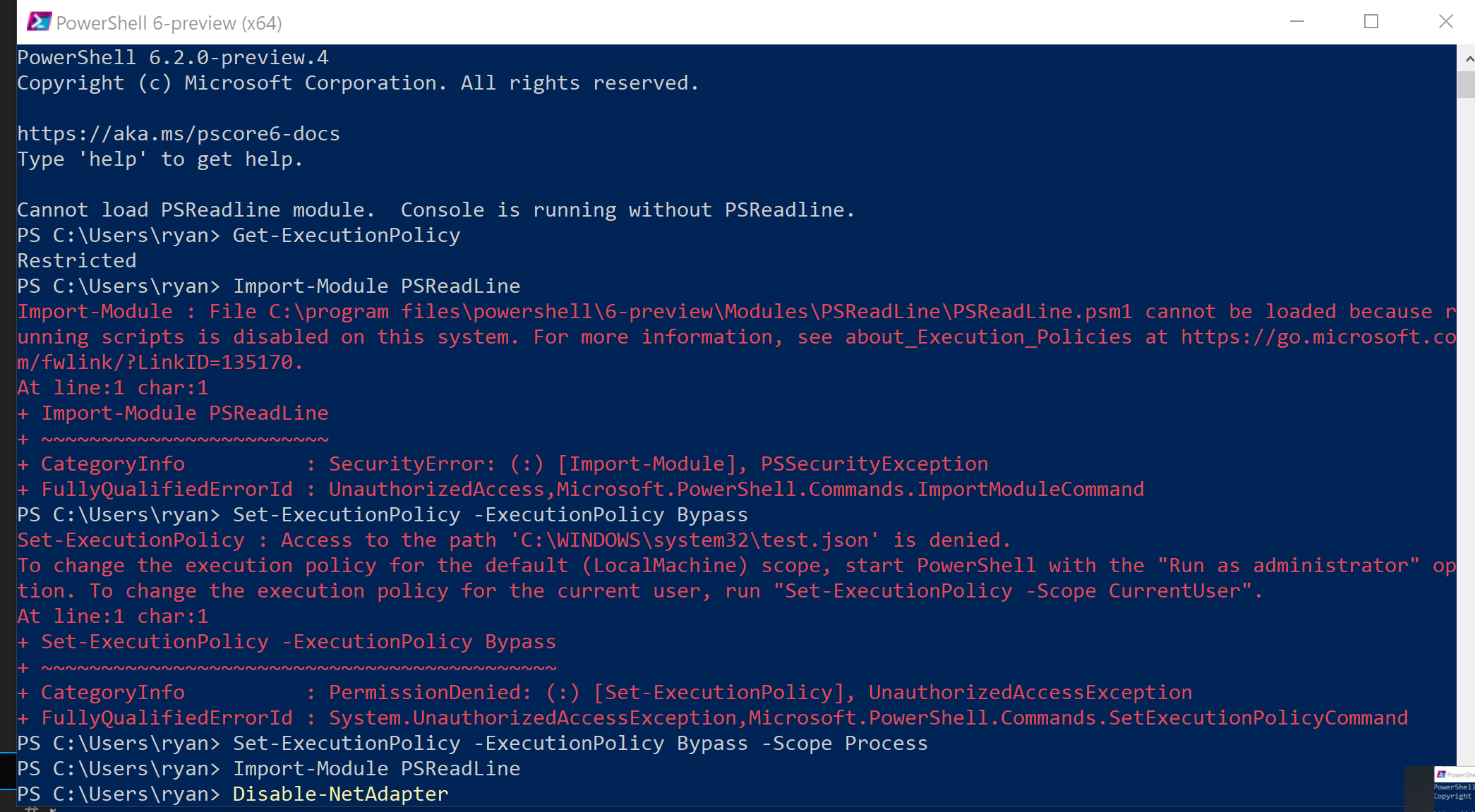 [bug] Starting Session As Standard User On Windows With Experimental Feature For Command Tab