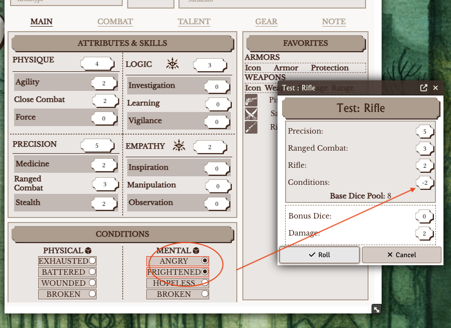 [BUG] Conditions are not properly calculated during skill or gear rolls · Issue #83 · fvtt-fria ...