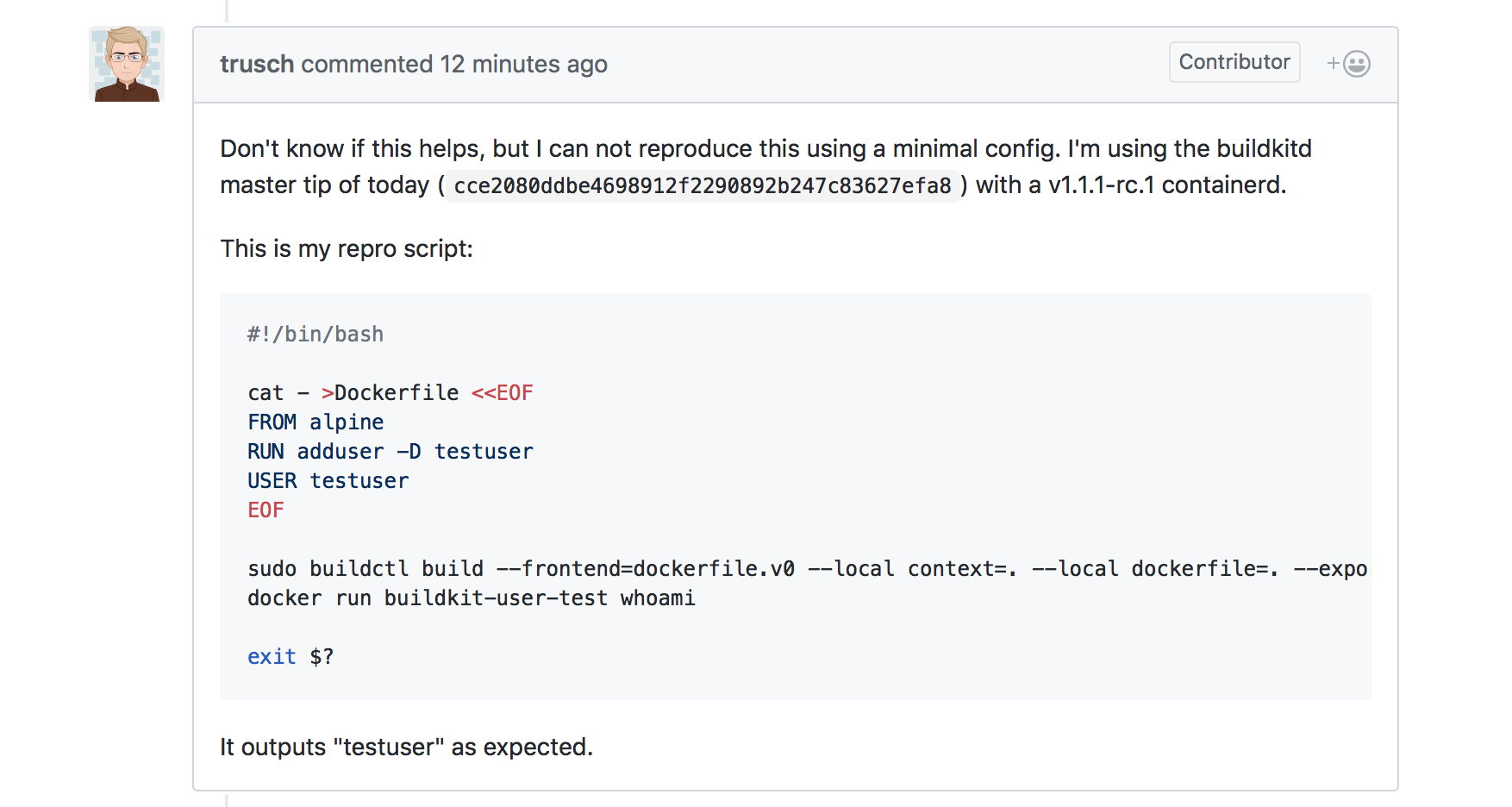 USER is not honored with Dockerfile frontend · Issue #469 · moby/buildkit · GitHub