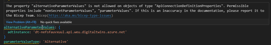 Microsoft.Web/connections: properties alternativeParameterValues and parameterValueType not ...