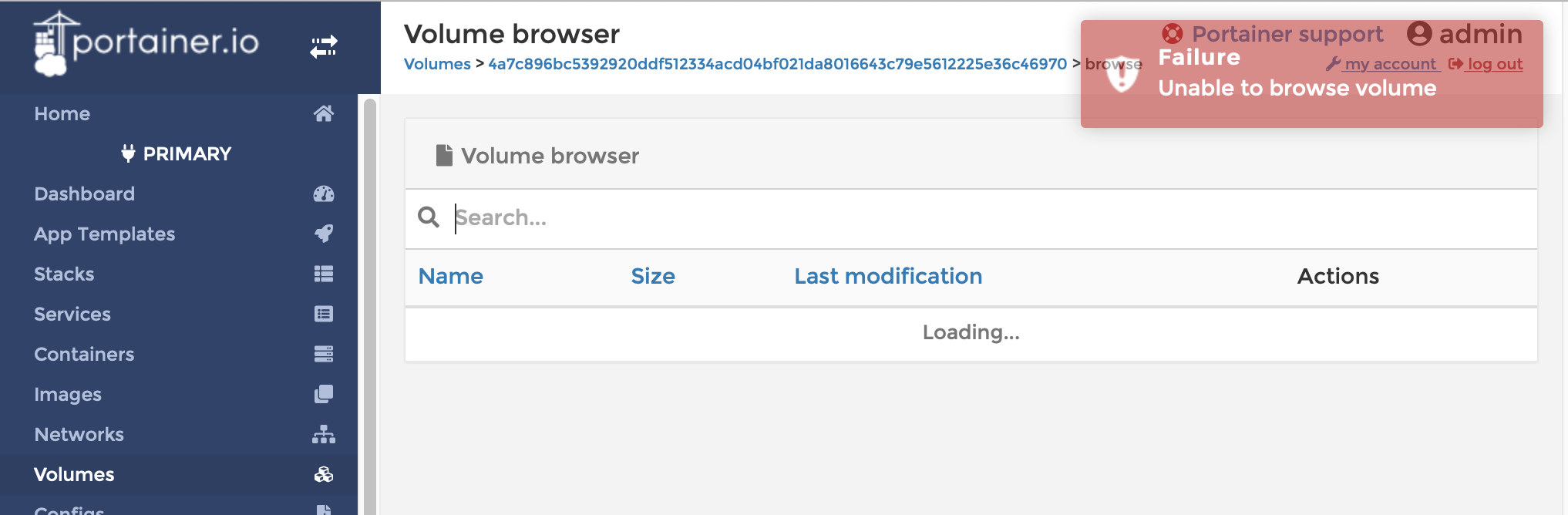 [Bug] Volume browser get Failure error. · Issue #2358 · portainer/portainer · GitHub