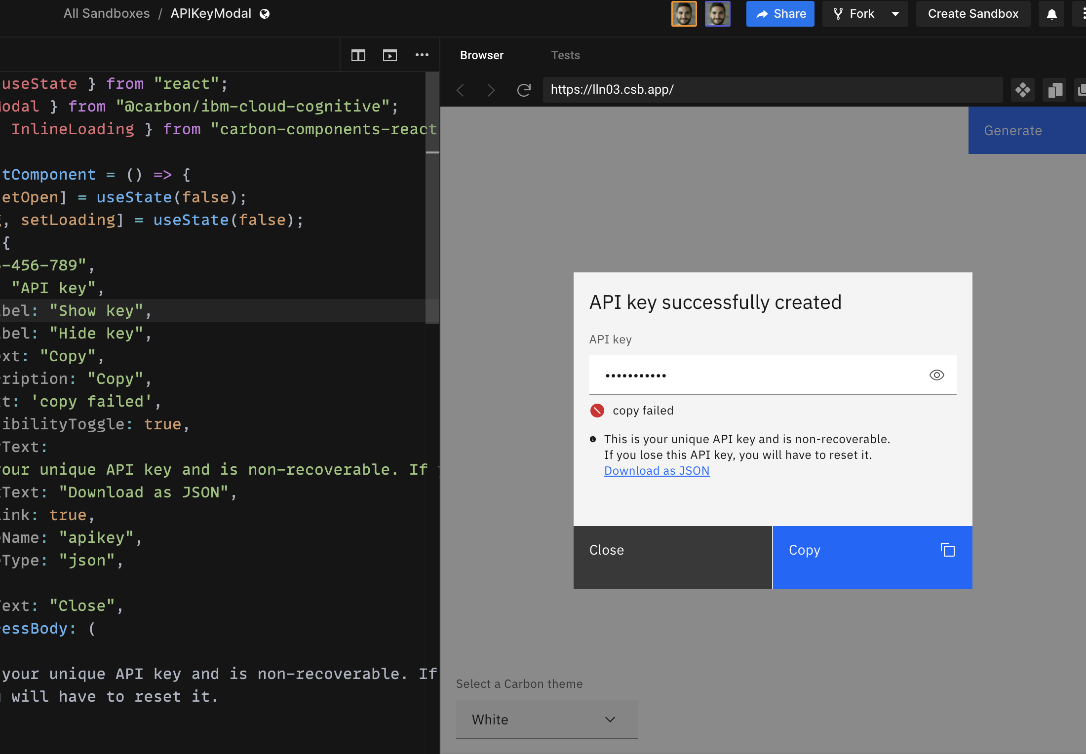 APIKeyModal: breaking behavior in code sandbox · Issue #1257 · carbon-design-system/ibm-products ...