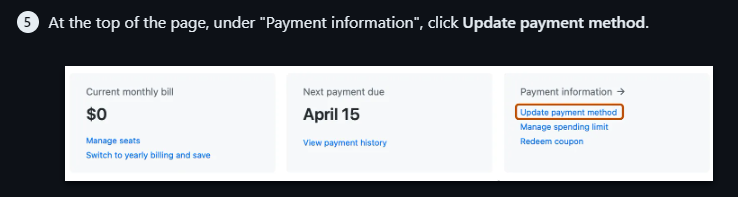 No "Update payment method." under "Payment information" (organization ...