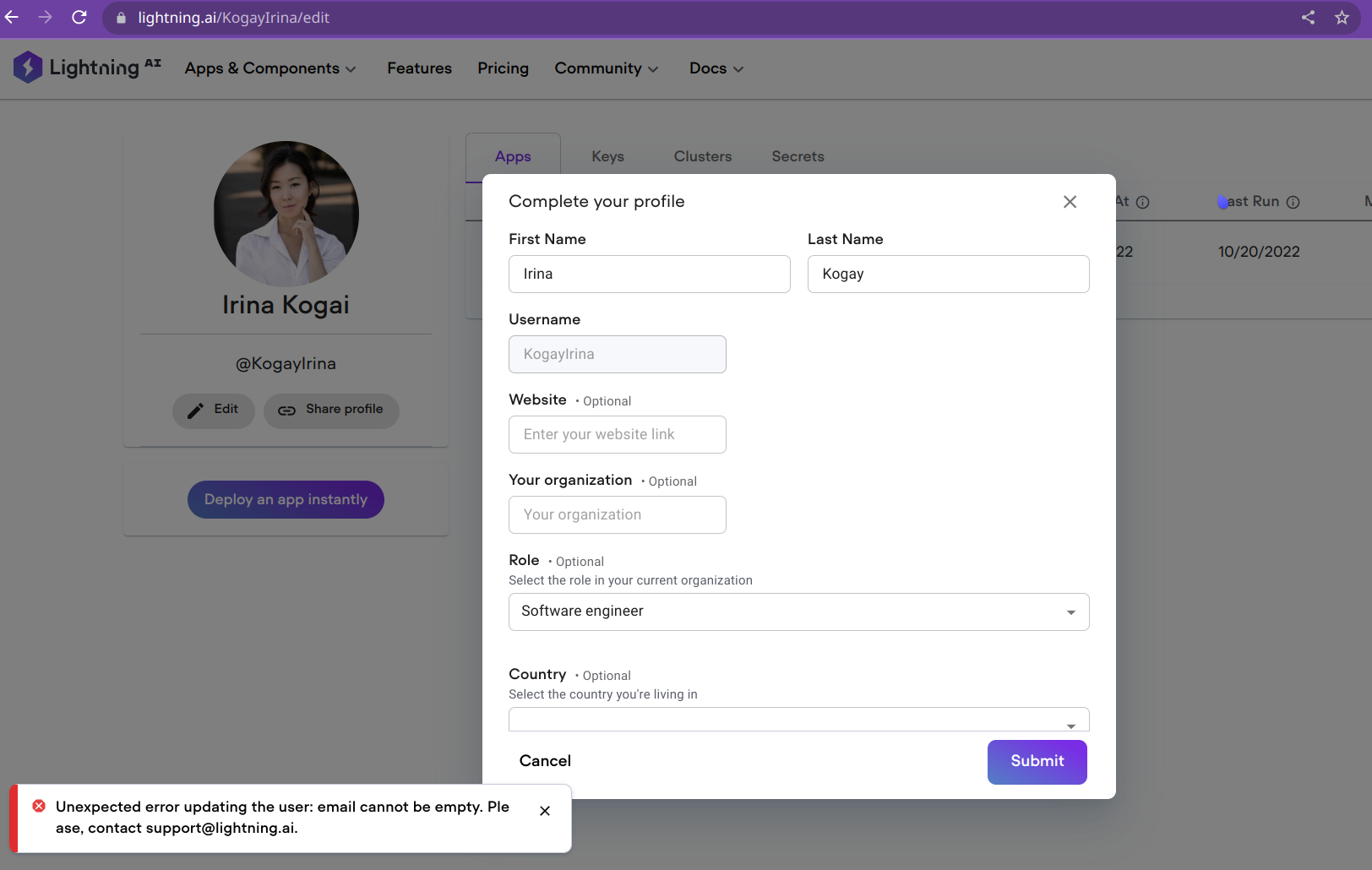Can't edit profile, getting "email cannot be empty." but no field to ...