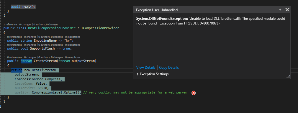 Unable to load DLL 'brotlienc.dll' · Issue #1958 · dotnet/corefxlab · GitHub