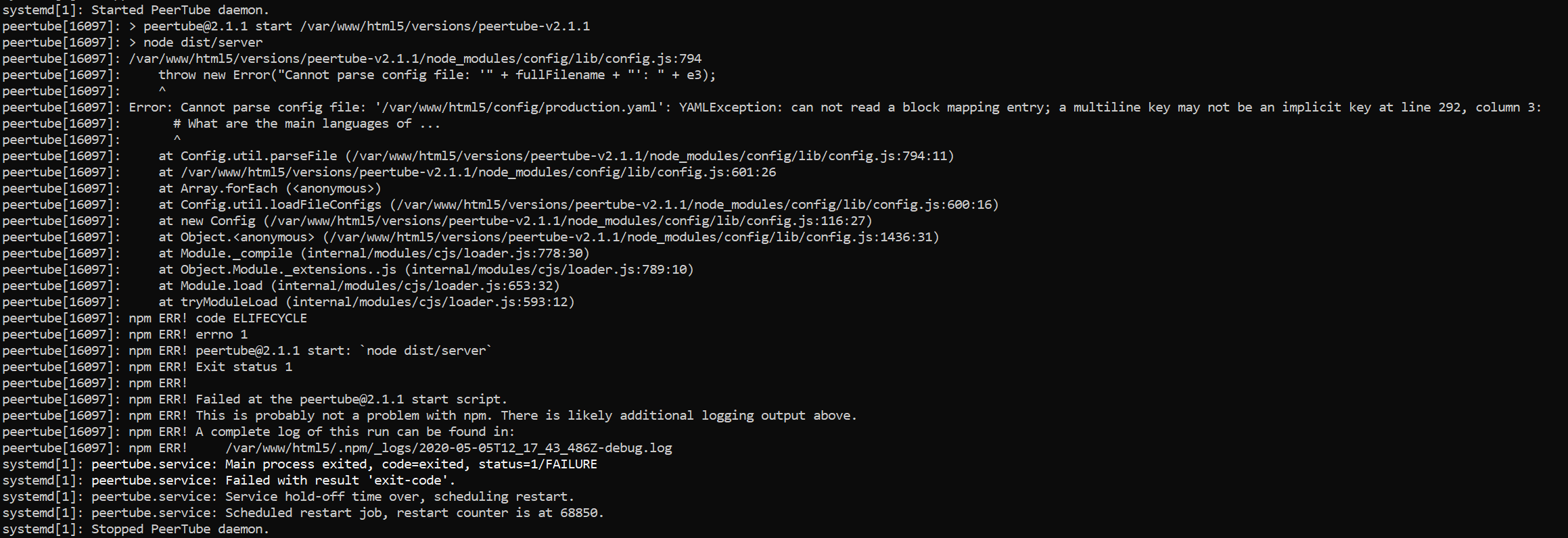 Error Cannot Parse Config File Productionyaml Yamlexception Can Not Read An Implicit