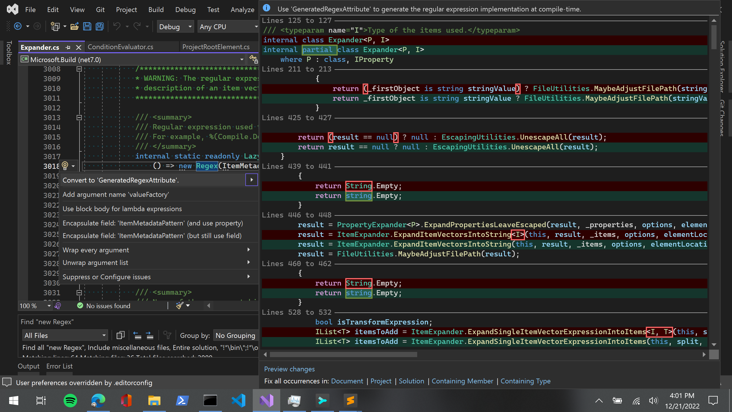 running "Convert to GeneratedRegexAttribute" fixer wants to fix all kinds of other things ...