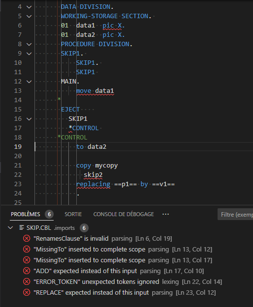 COBOL Compile Directives (SKIP1) "ERROR_TOKEN" unexpected tokens ignored parsing · Issue #307 ...