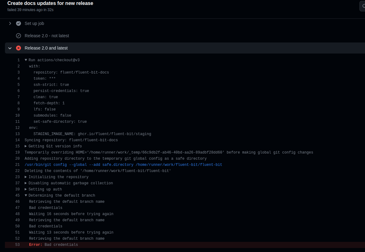 Auto Docs Update For Releases Failing · Issue 7276 · Fluentfluent Bit · Github