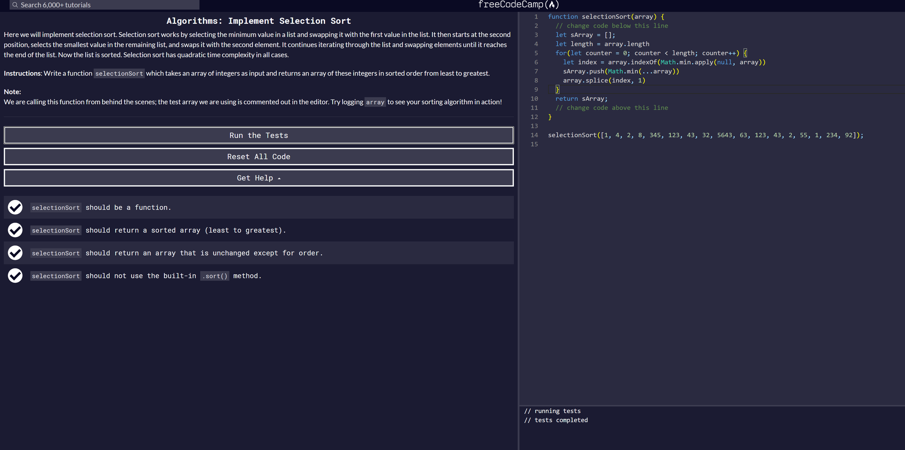 Test Error on "Implement Selection Sort" · Issue #39220 · freeCodeCamp ...
