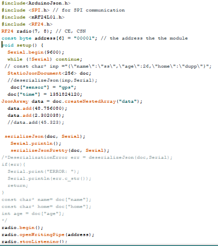 two way communication of nrf24l01 model using ArduinoJson · Issue #1241 · bblanchon/ArduinoJson ...
