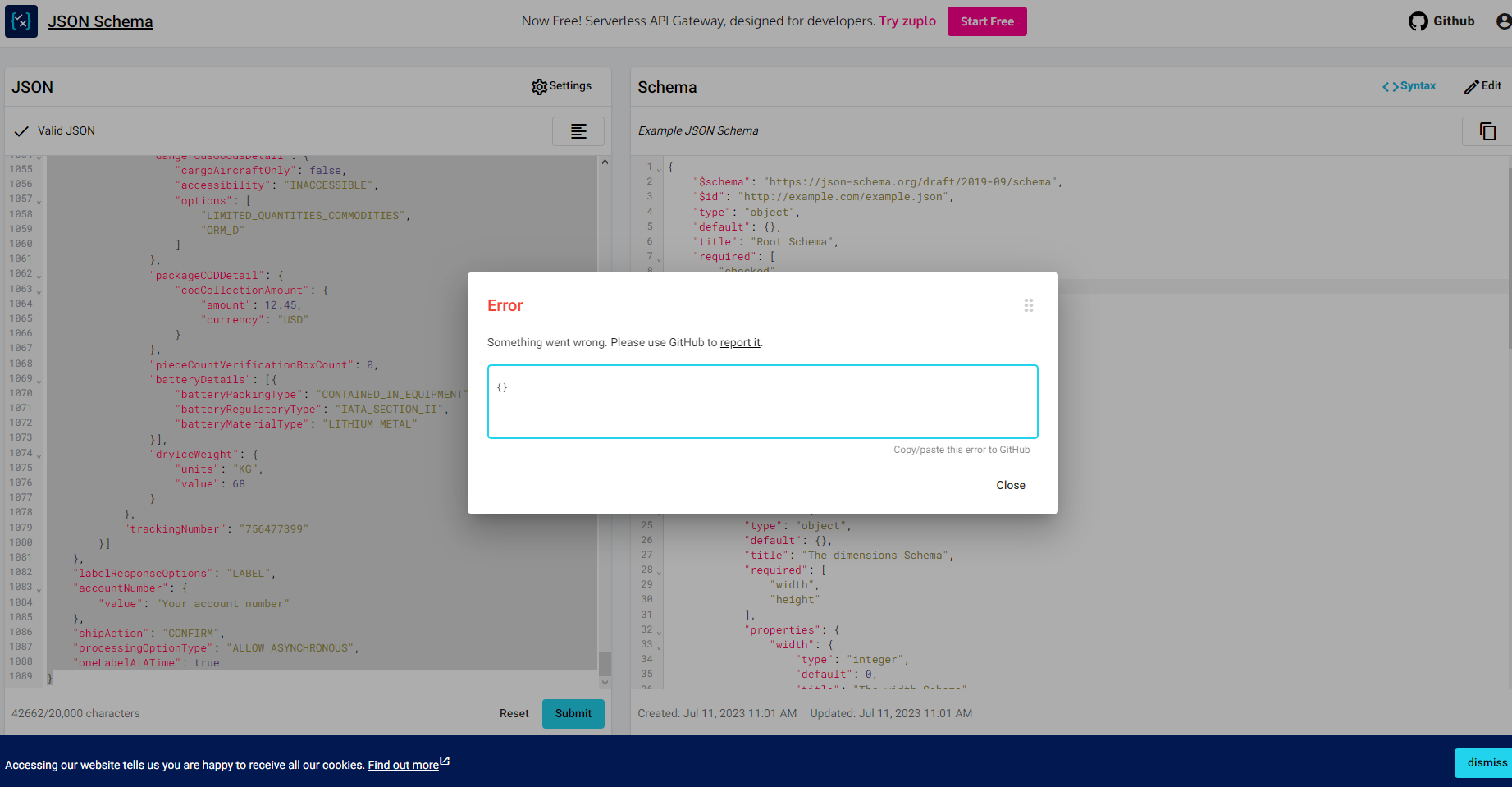 Empty error when processing valid JSON data. "{ }" · Issue #52 · jsonsystems/public · GitHub