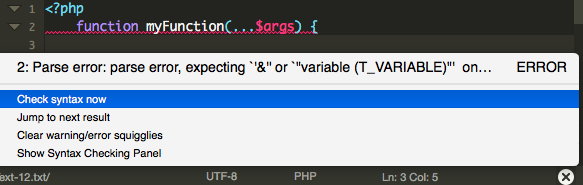 PHP ... operator used in variadic function definitions is not recognized as valid syntax ...