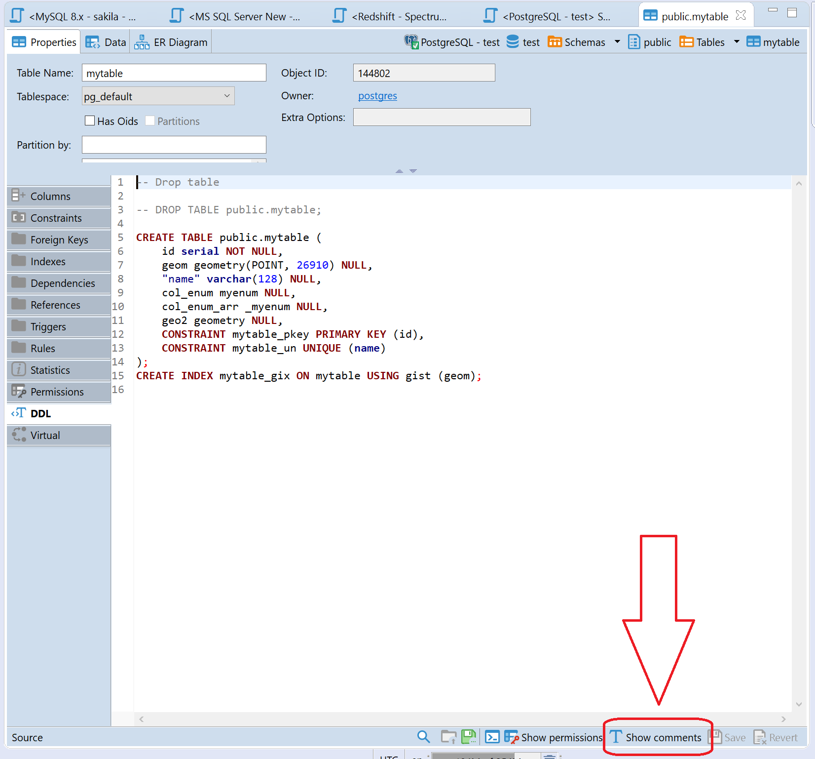 Section With Comments Ddl Has Disappeared While Generating Table Ddl · Issue 8329 · Dbeaver