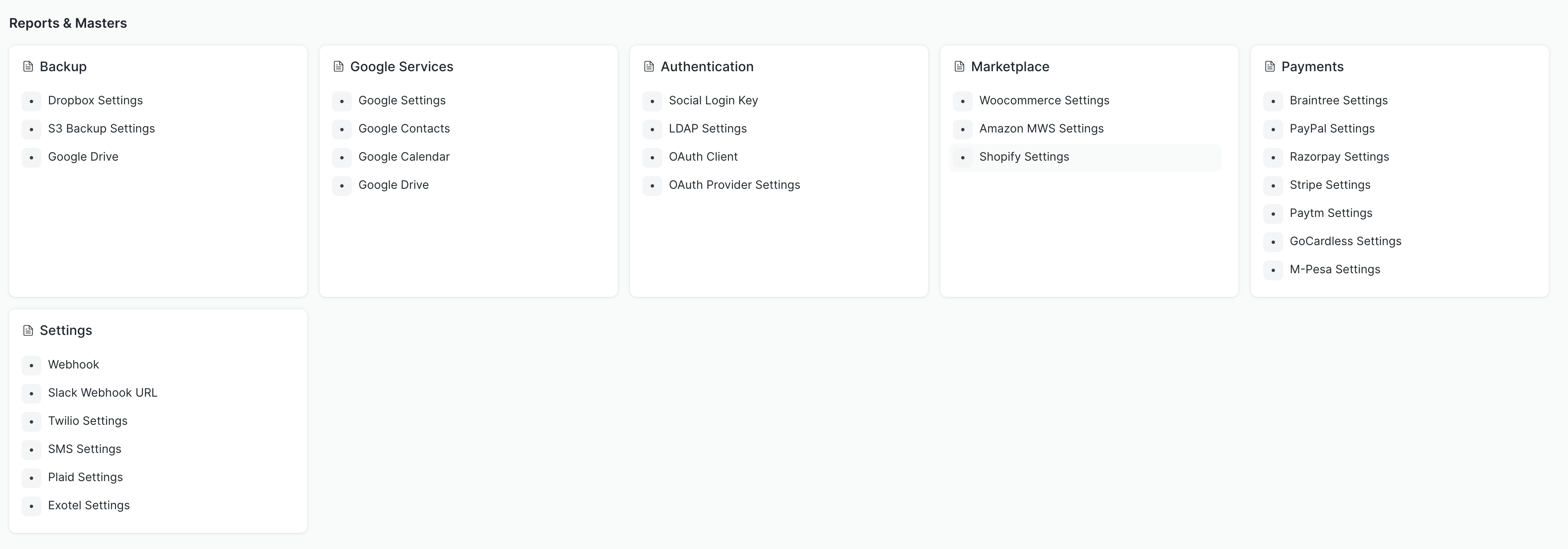 Integration with shopify, when I click the shopify setting, there no ...