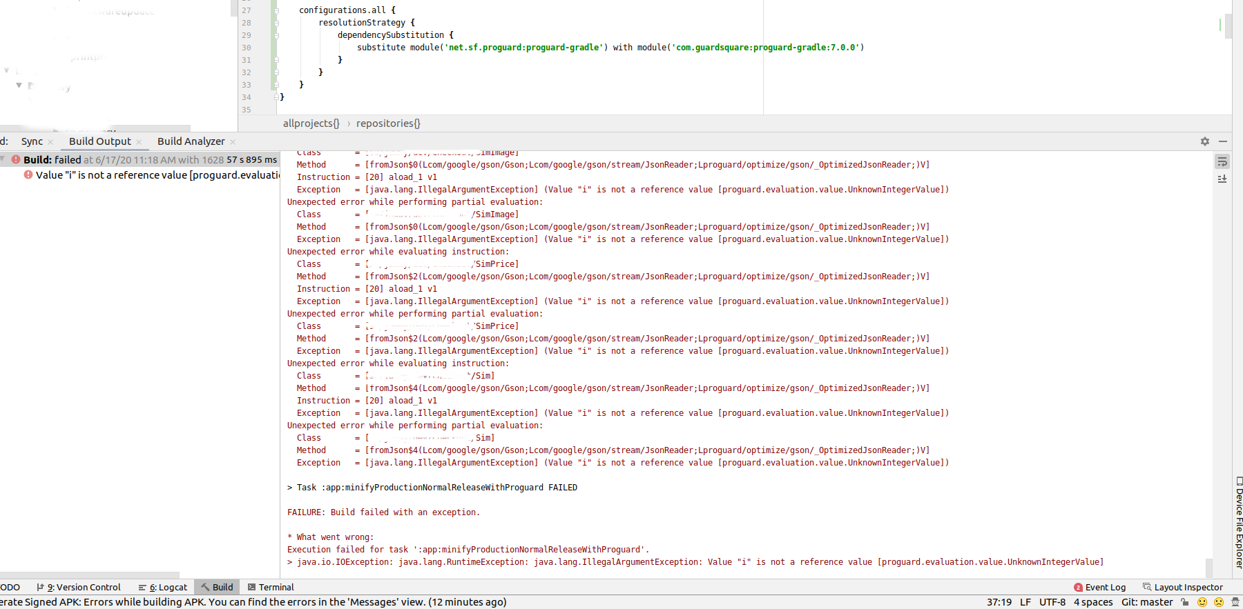 java.lang.IllegalArgumentException: Value "i" is not a reference value [proguard.evaluation ...