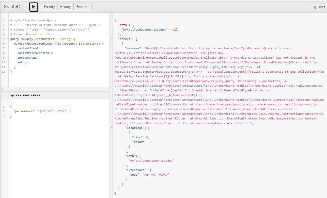 [GraphQL] KeyNotFoundException when SQL Query schema is not compatible with searched document ...