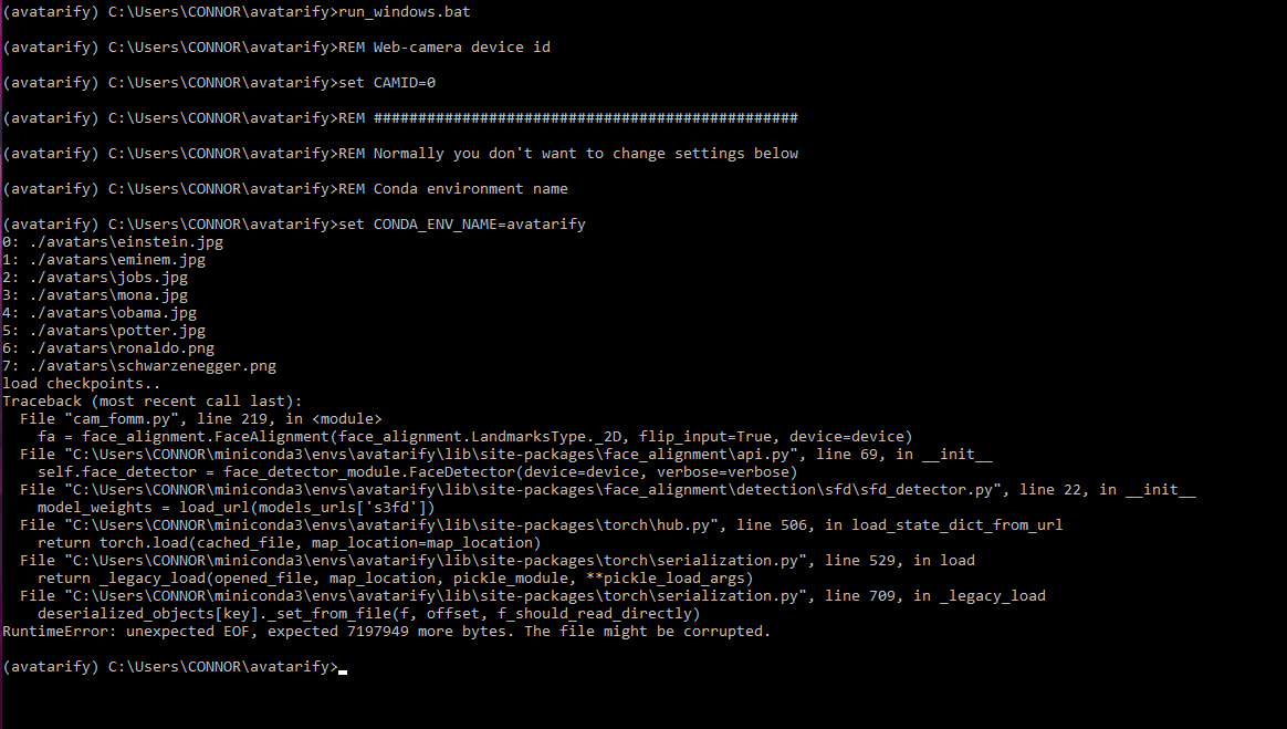Runtime error when running run_windows.bat. · Issue #88 · alievk/avatarify-python · GitHub