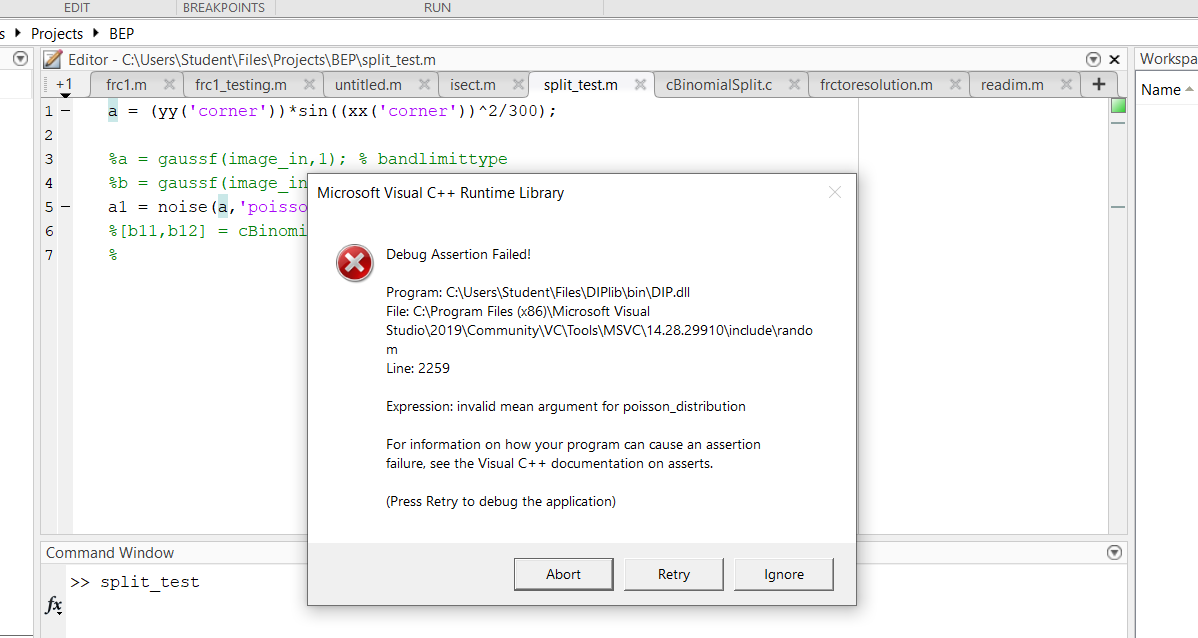 Matlab crash after using 'noise' (poisson) on a simple test image ...