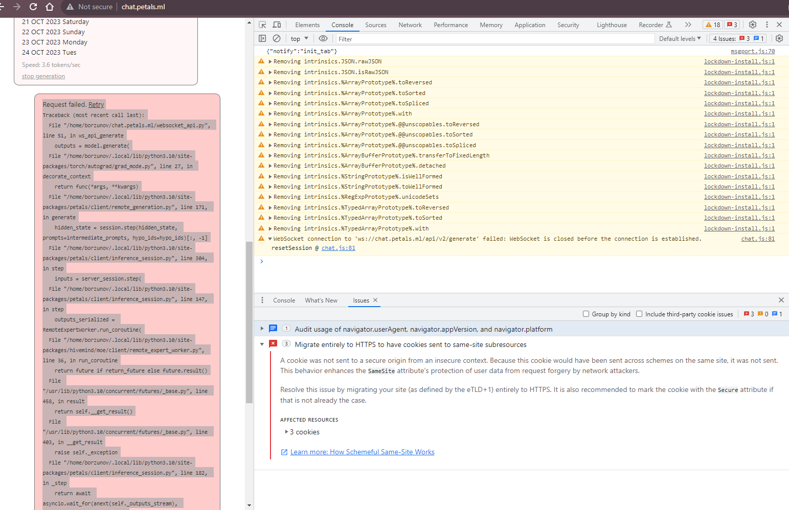 chat.petals repeatedly dies with errors · Issue #382 · bigscience-workshop/petals · GitHub