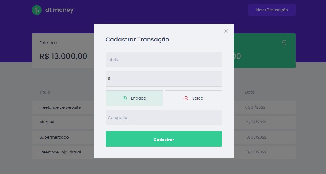 GitHub - Jacqueline-dev/dtmoney: Desafio de conclusão React trilha ignite da Rocketseat. 💜🚀