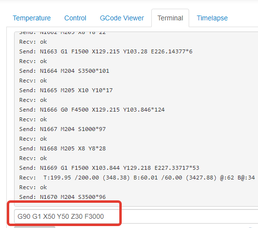 How do I send the G90 G1 X50 Y50 Z30 F3000 command to the Home Assistant using the MQTT service ...