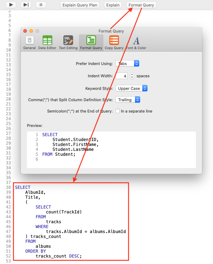 Preferences > Format Query settings not being applied to the SQL query editor's Format Query ...