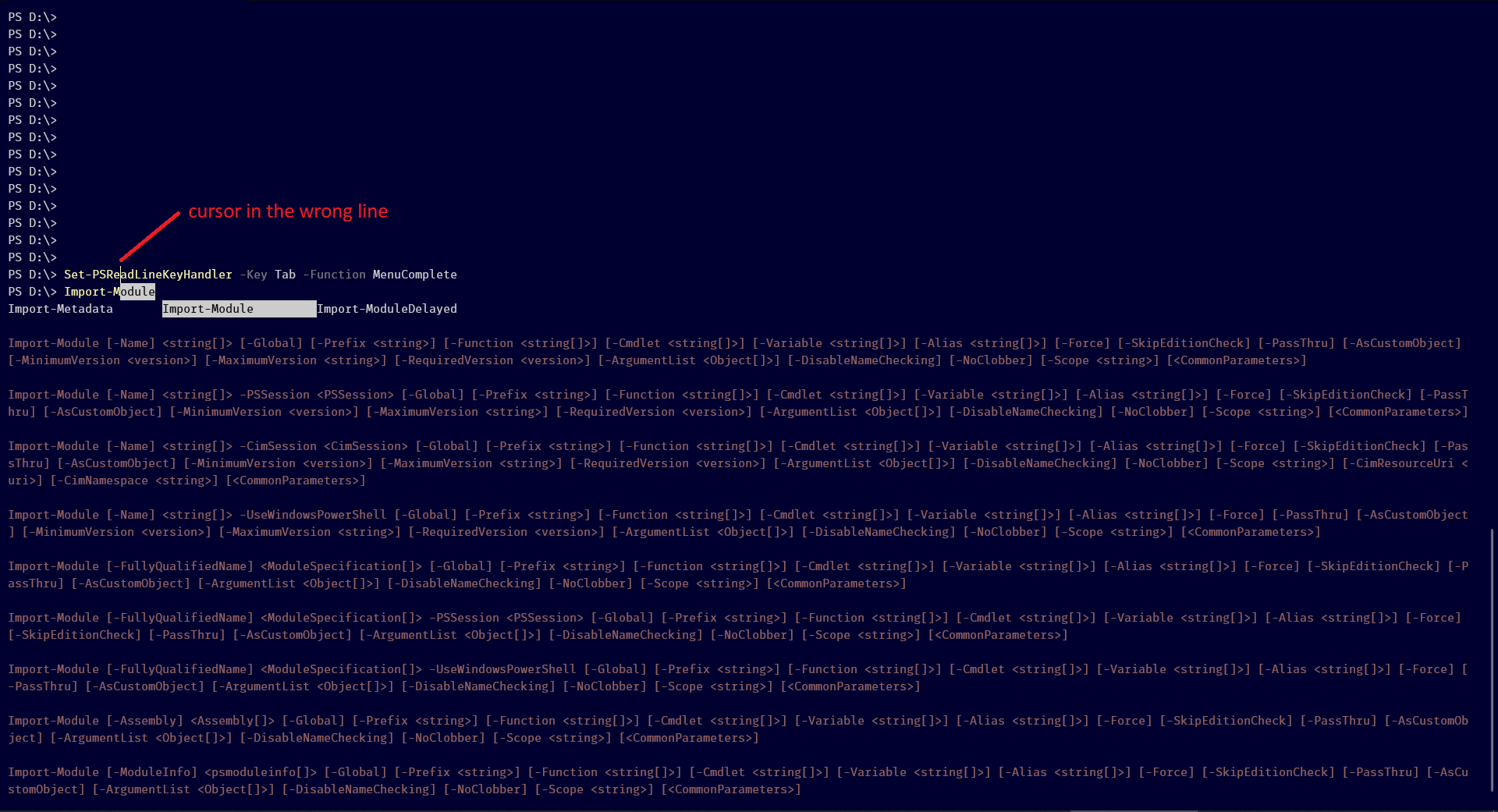 Menucomplete On A Cmdlet With A Long Signature Moves The Cursor To An Incorrect Position · Issue