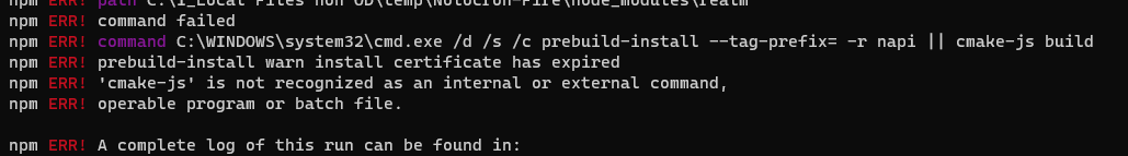 npm install command failed - prebuild-install warn install certificate has expired - 'cmake-js ...