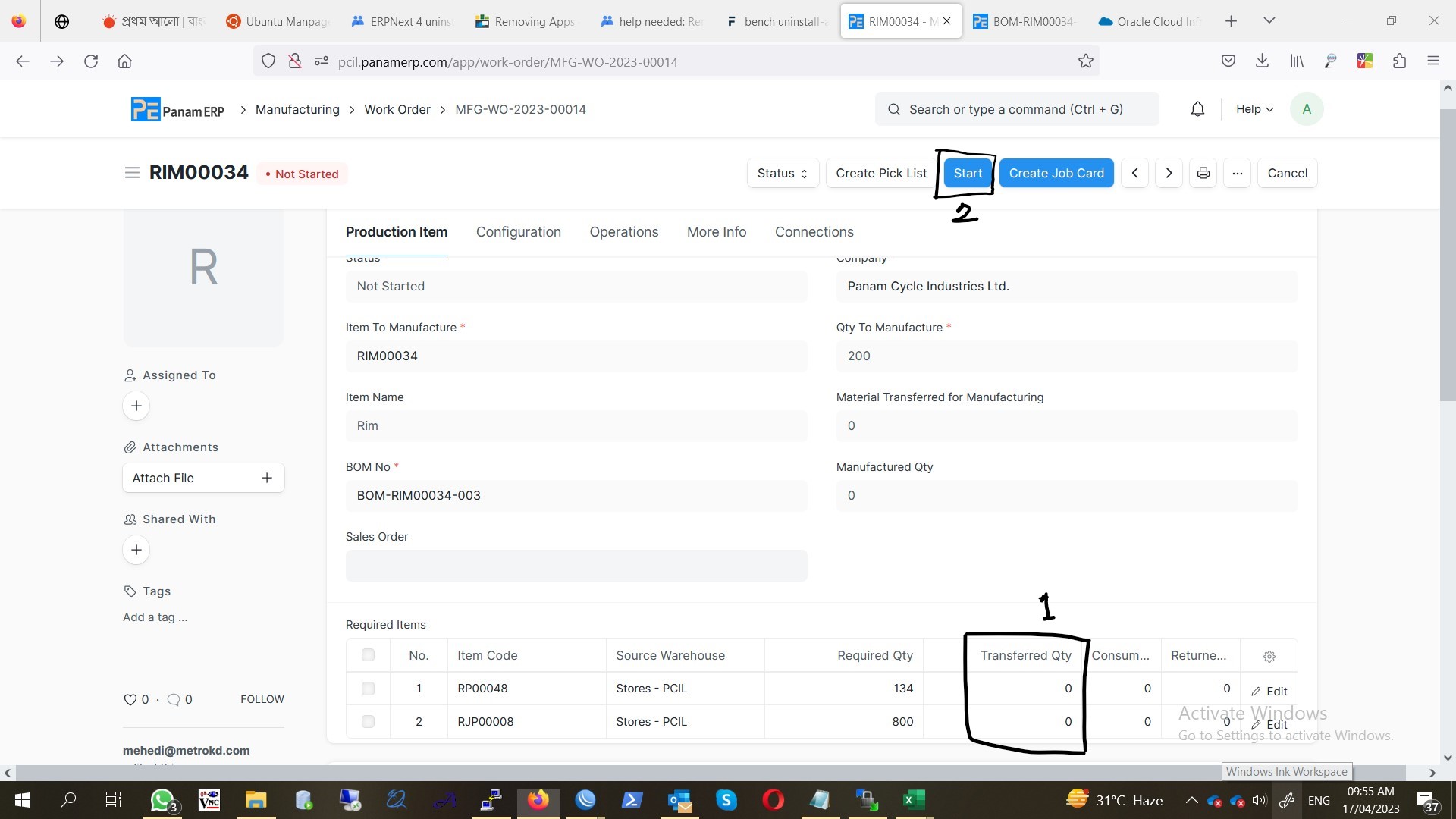 Cannot Start Work Order Due To Message All Items Have Already Been Transferred For This Work 