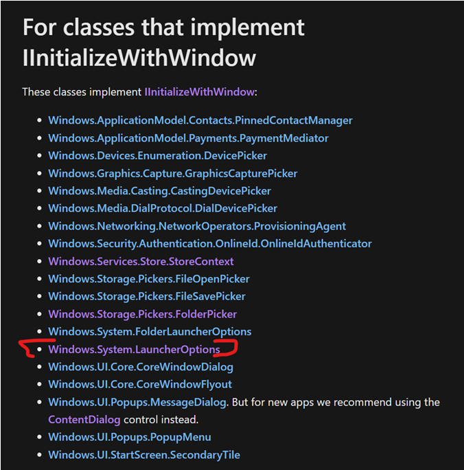 Windows.System.LauncherOptions doesn't implement IInitializeWithWindow on RS5(10.0.17763 Build ...