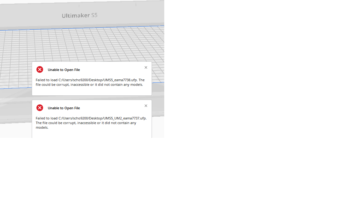 .ufp files opening or printing on S5. shows "something is wrong with this file" on touchscreen ...