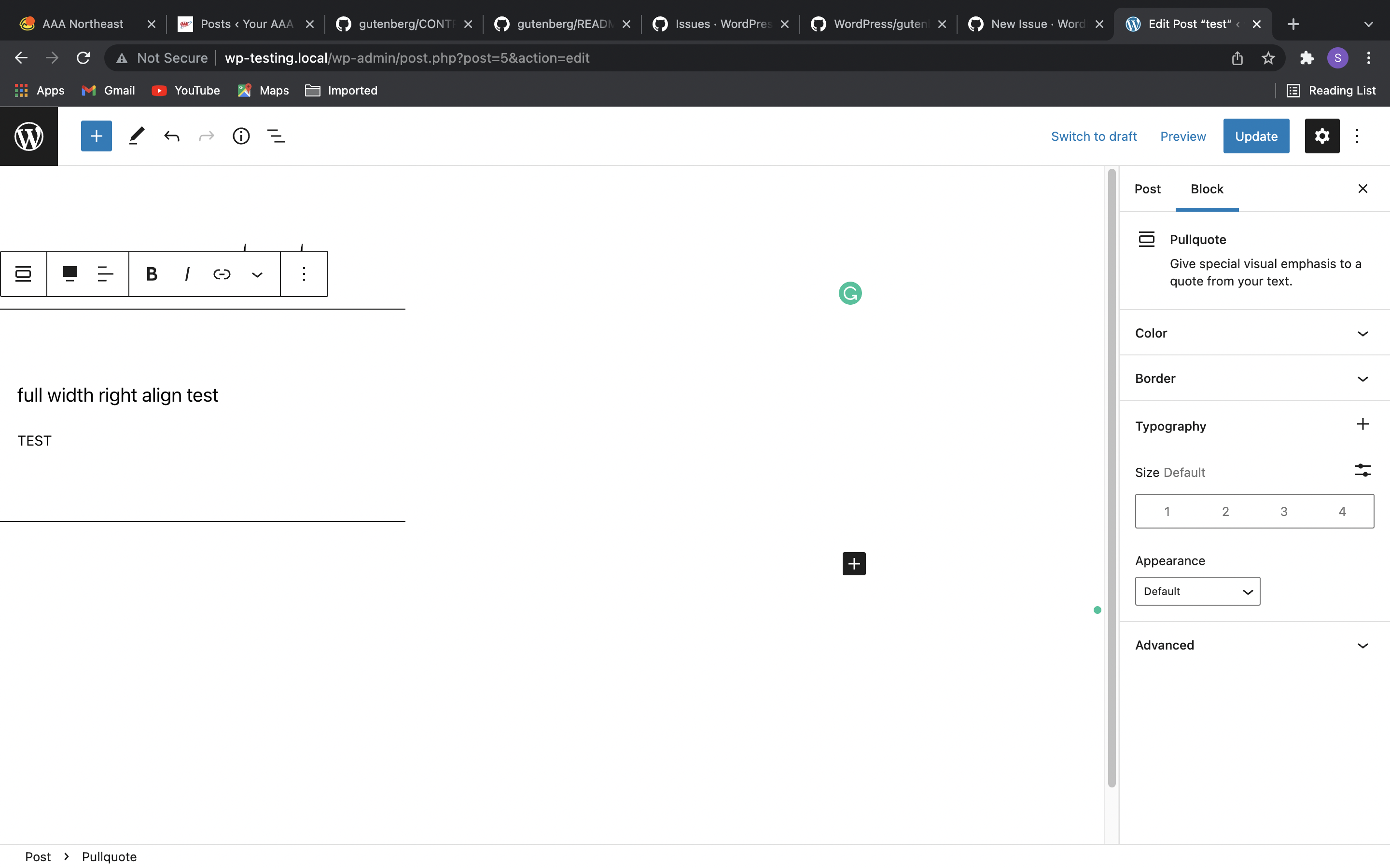 Pullquote block issue in left and right align. · Issue #39250 · WordPress/gutenberg · GitHub