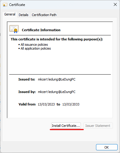 For anyone who facing this issue, the steps to use mkcert in the WSL2 to be trusted by window ...
