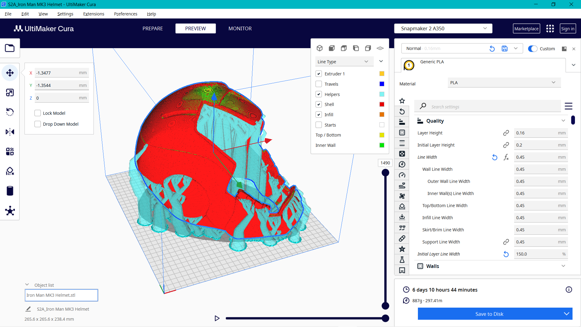 Iron Man Helmet Slicing Failure/SnapMaker A350 · Issue #16063 · Ultimaker/Cura · GitHub