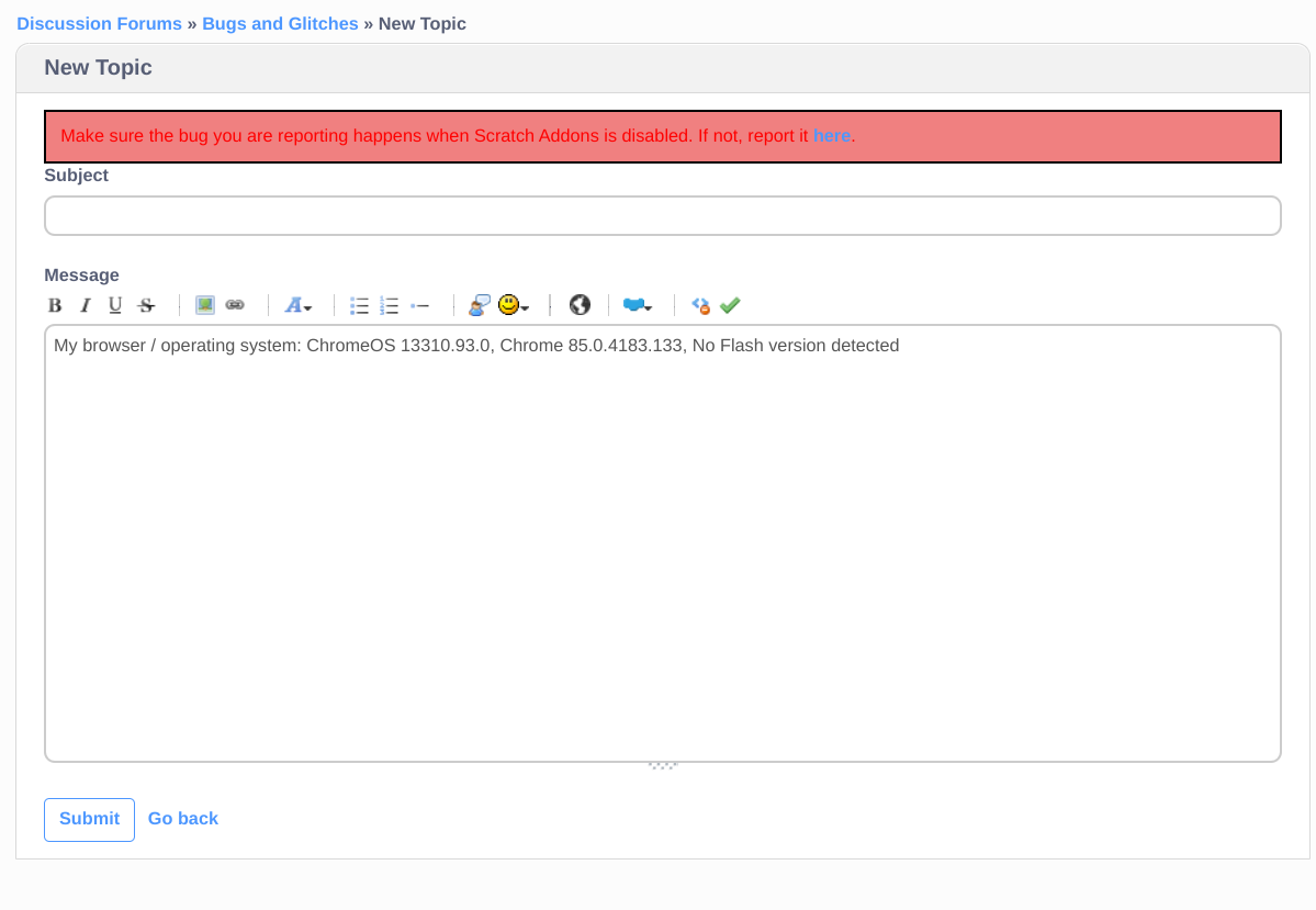 Add a warning on the Scratch forums to avoid posts about Scratch Addons ...
