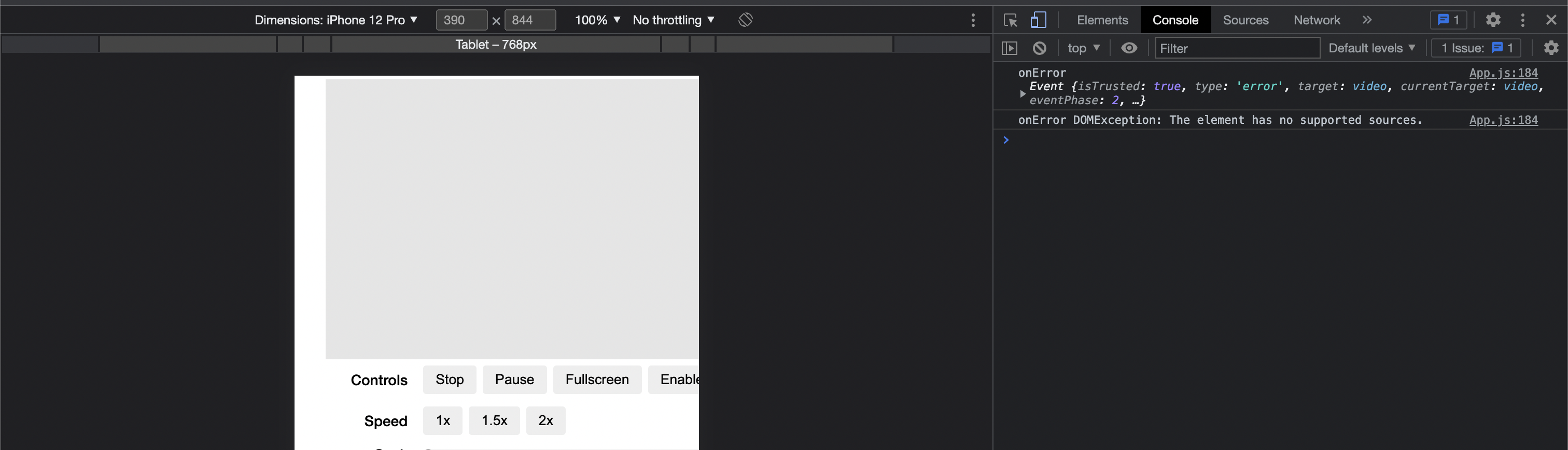 Google Chrome Device Mode Simulation iOS Device Not Working - onError DOMException: The element ...