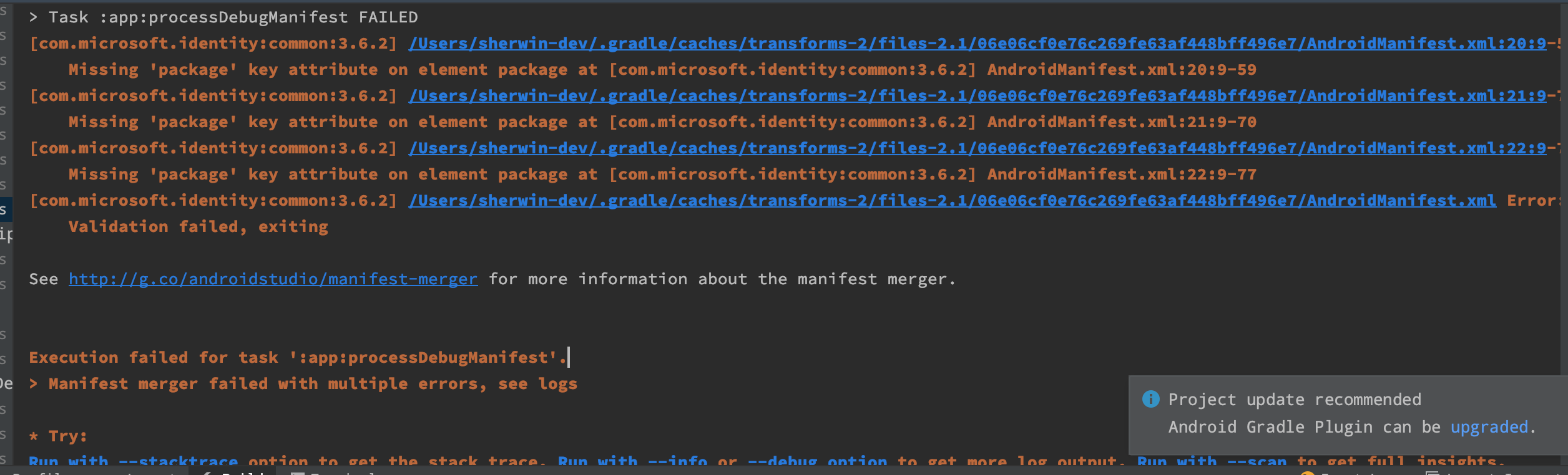 Missing 'package' key attribute on element package at [com.microsoft.identity:common:3.6.2 ...