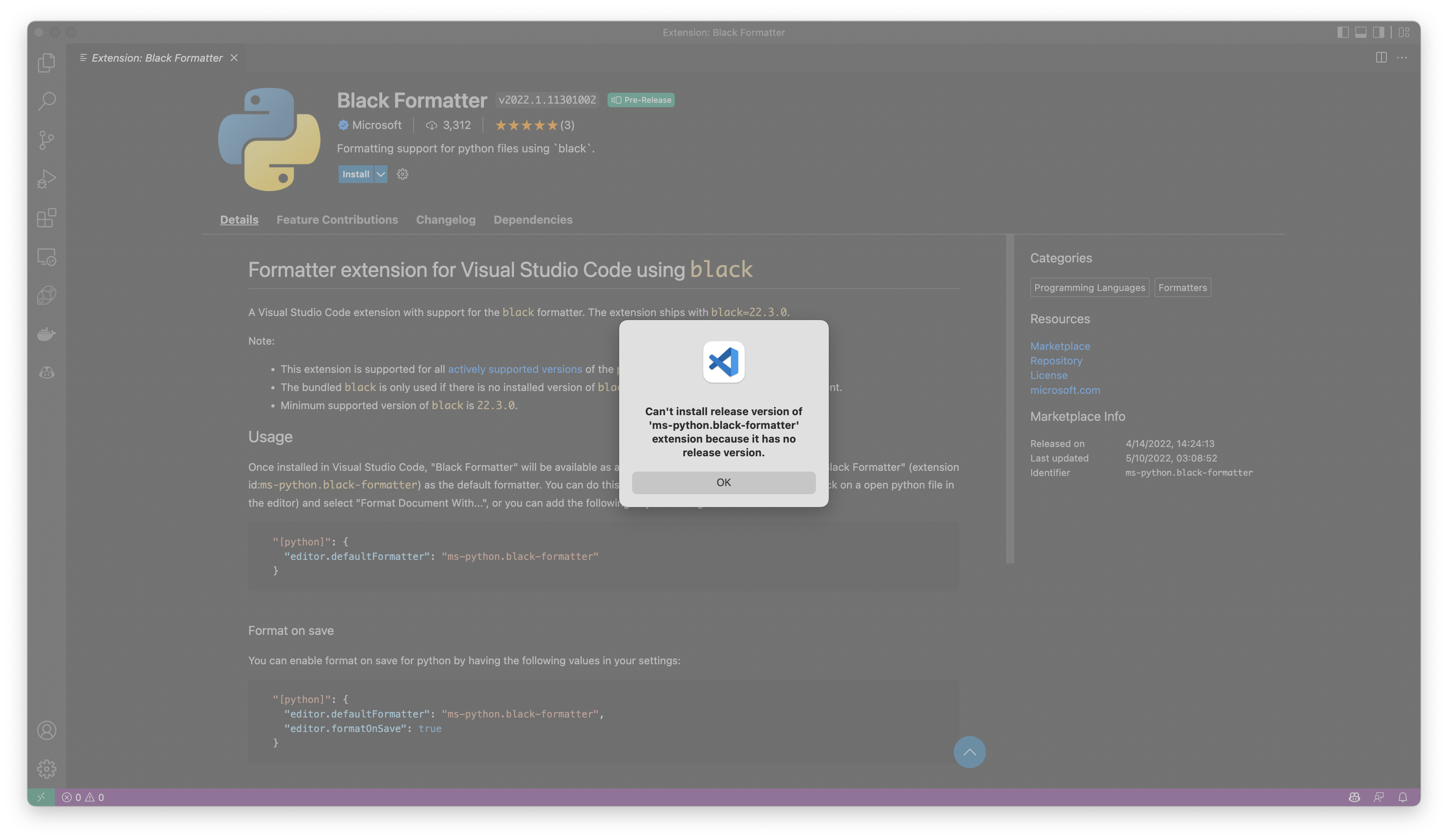Cant Install Release Version Of Ms Pythonblack Formatter Extension Because It Has No Release 