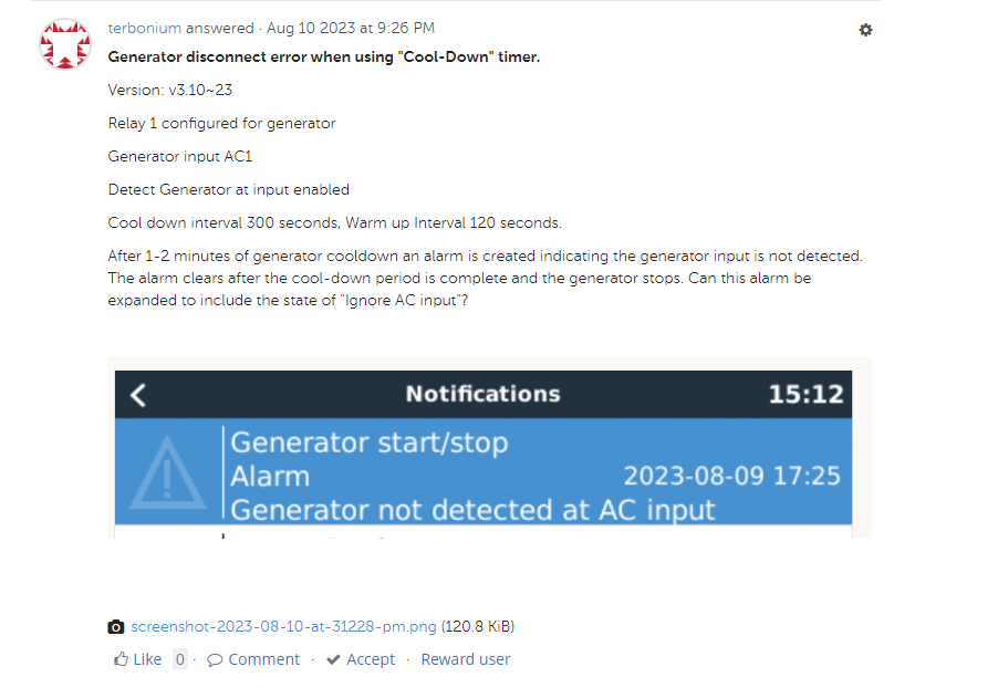 Generator start/stop: Detect generator at input triggers alarm while in cool-down/warm-up ...