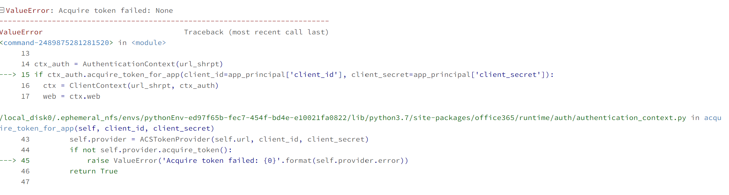 ValueError: Acquire token failed: None · Issue #456 · vgrem/office365-rest-python-client · GitHub