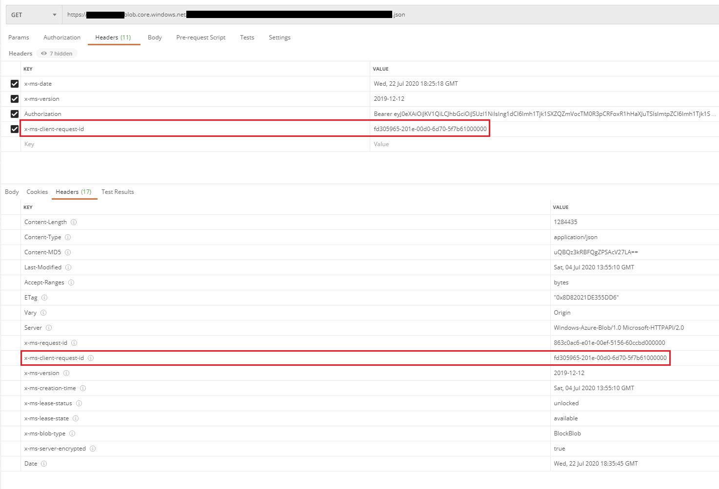 [BUG] BlobClient.DownloadAsync() Response x-ms-client-request-id does not match the original ...