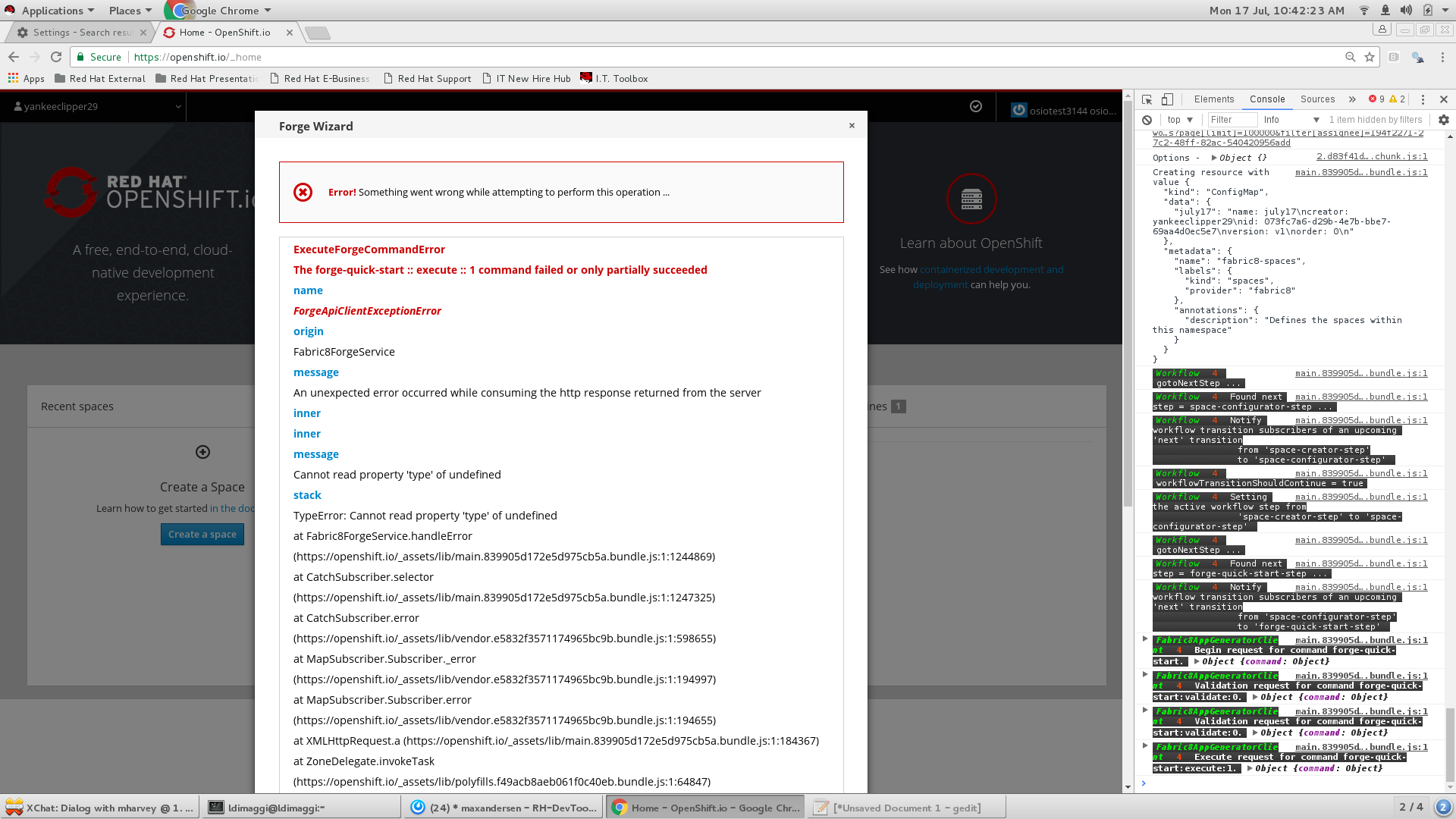 Forge: Cannot read property 'type' of undefined, blocks new user creating project (update: Looks ...