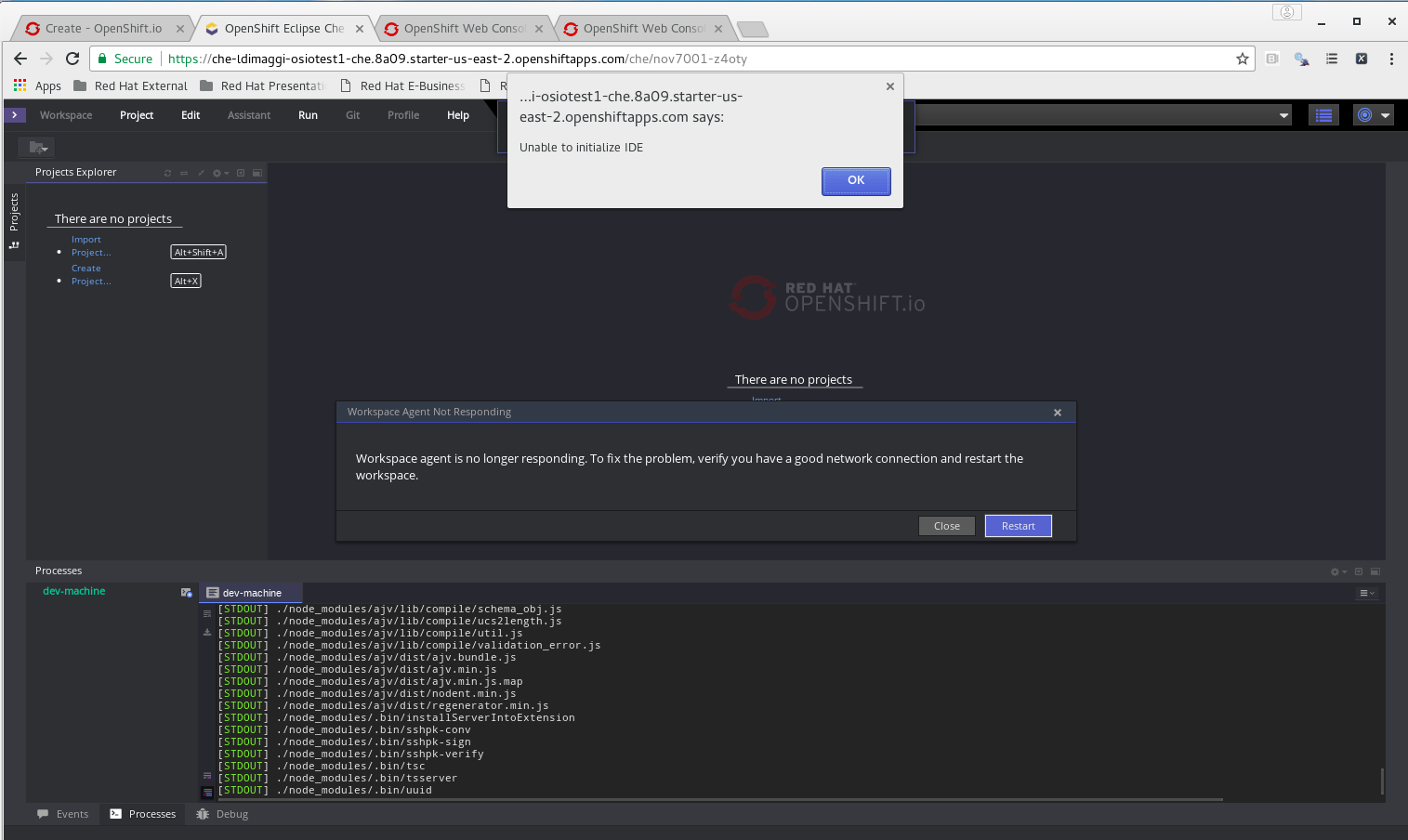 Che cannot create new workspaces on https://openshift.io - "Unable to Initialize IDE ...