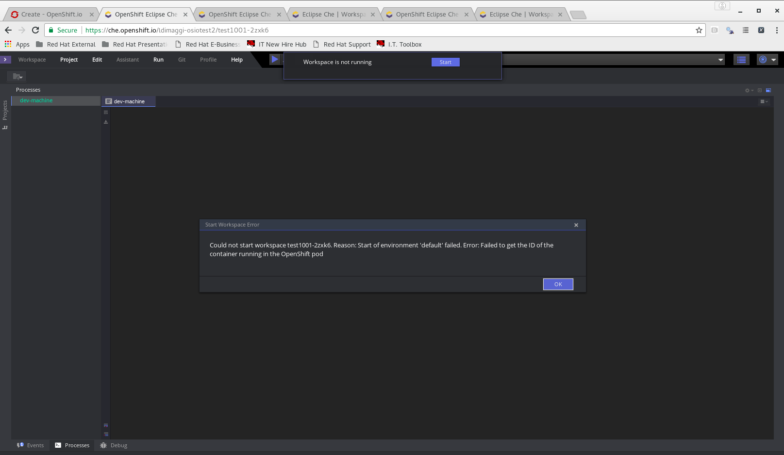 Creating New Che Workspace Failing On In Production And Prod Preview 