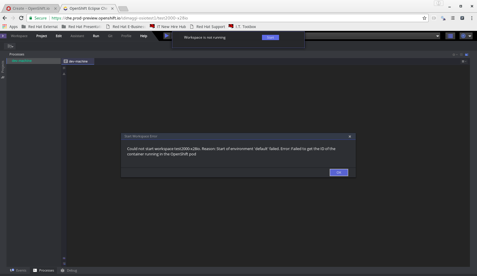 Creating new Che workspace failing on https://openshift.io (in production and prod-preview ...
