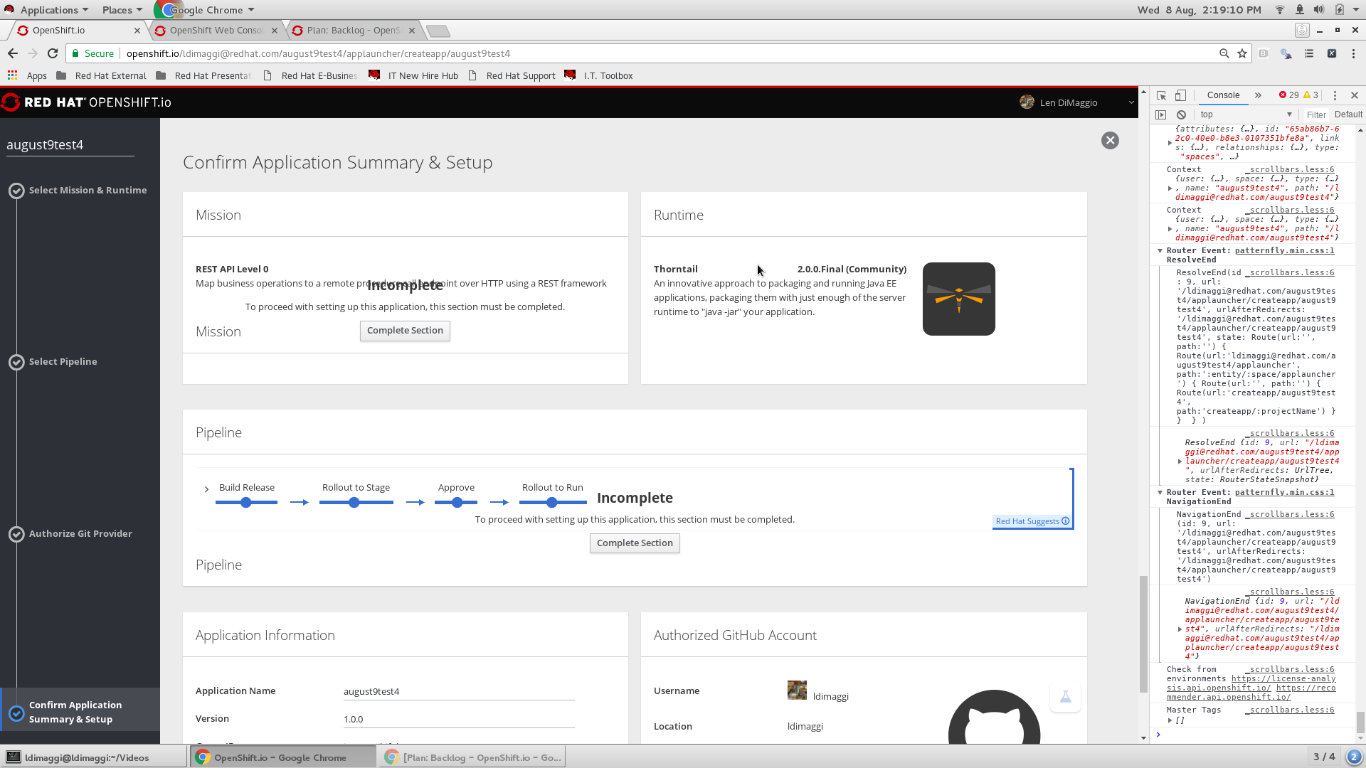 When creating new Thorntail quickstart, OSIO UI reports spurious 'incomplete section' error and ...
